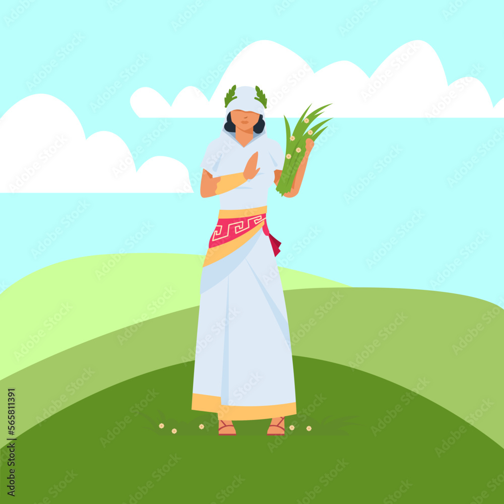 Cartoon Greek god. Demeter with plant harvest. Deity of agriculture and ...