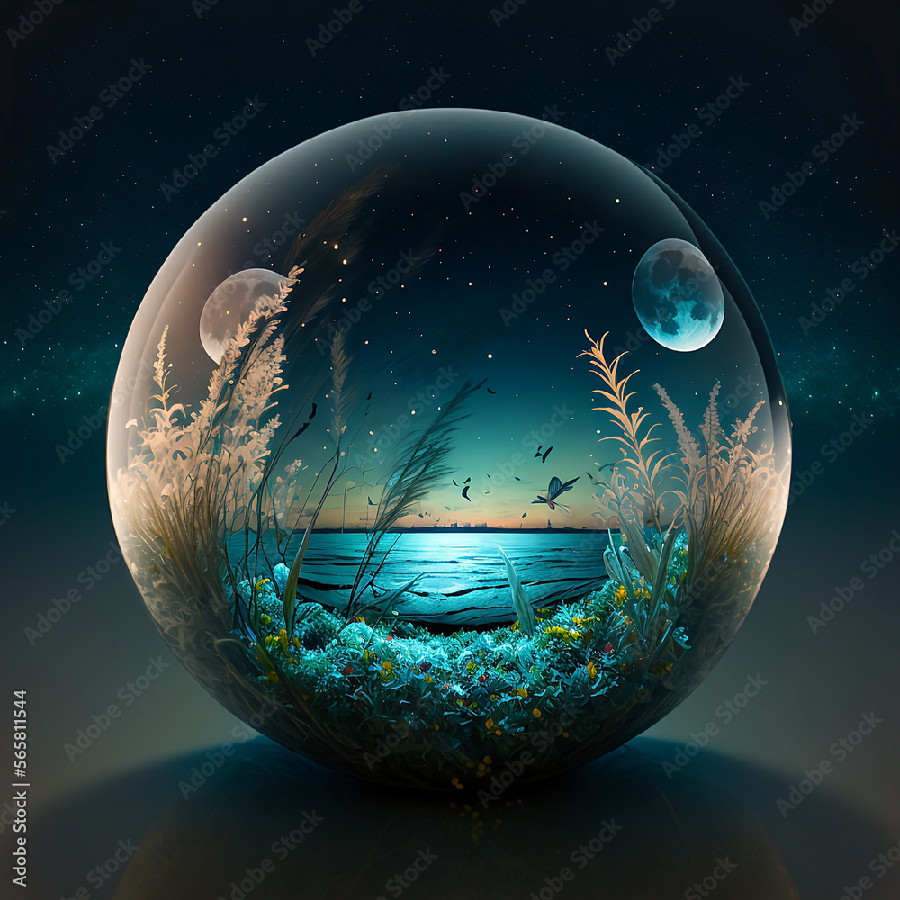 night sky merged with the ocean with glowing plants and stars encased ...