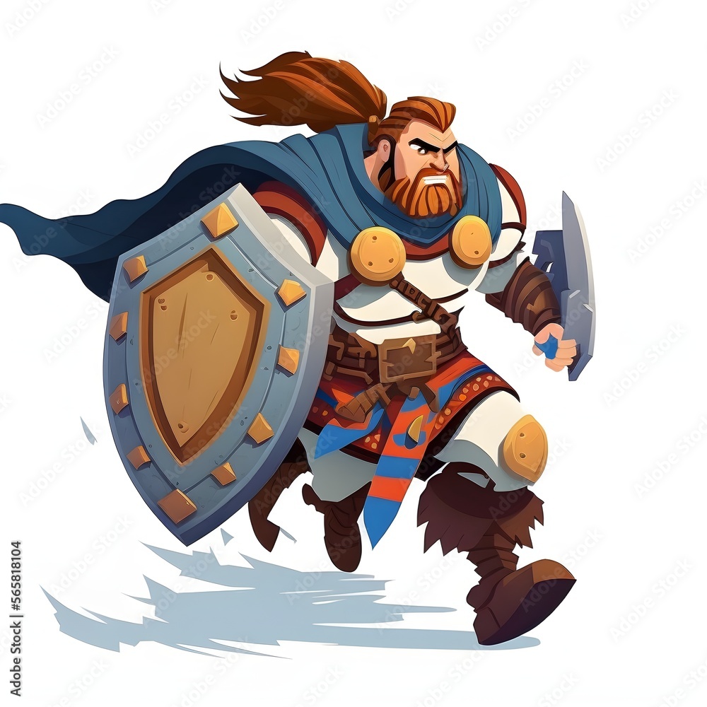 fantasy human cleric running with a large shield White background ...
