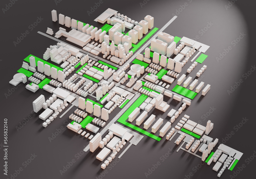 City map with houses and roads. Volumetric area on grey. Architectural ...