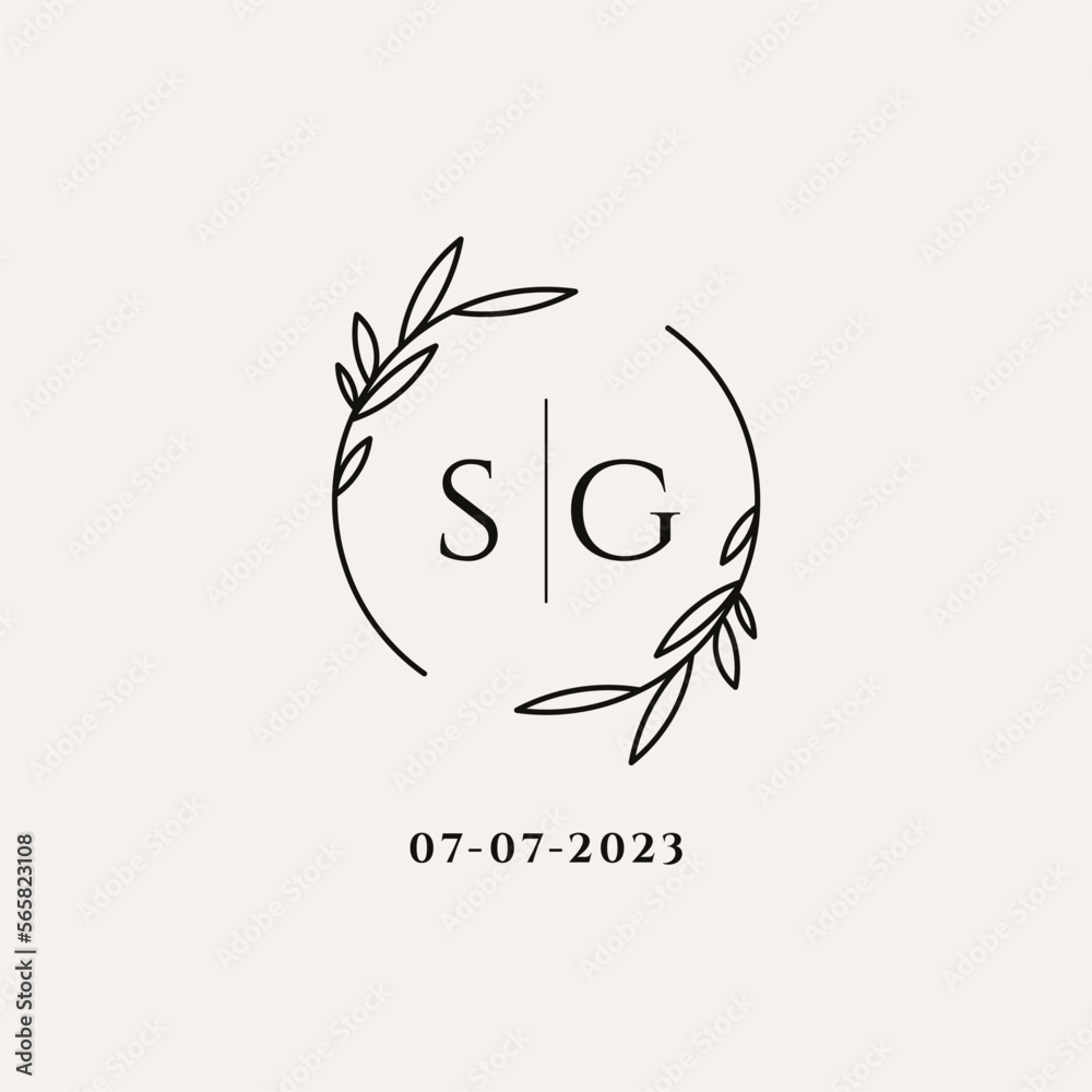 Letter SG wedding monogram logo design with simple natural circle leaf ...