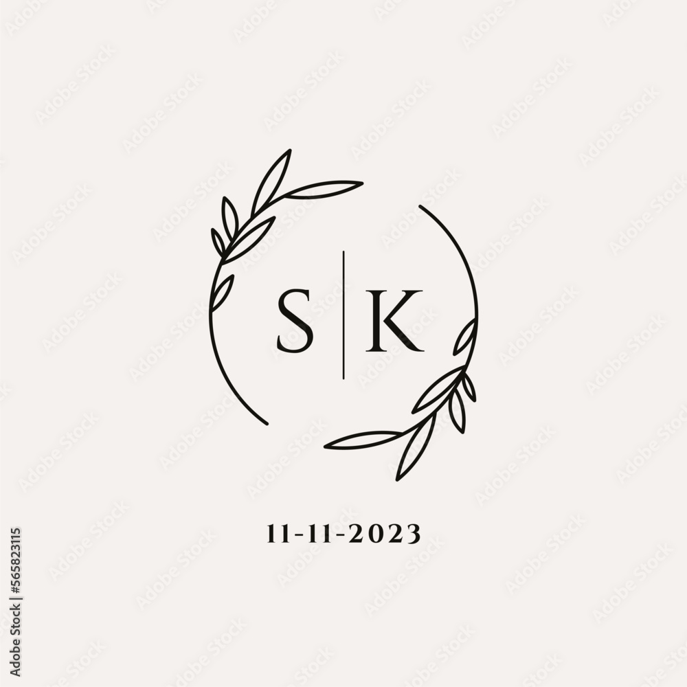 Letter SK wedding monogram logo design with simple natural circle leaf ...