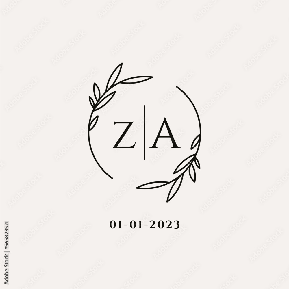 Letter ZA wedding monogram logo design with simple natural circle leaf ...