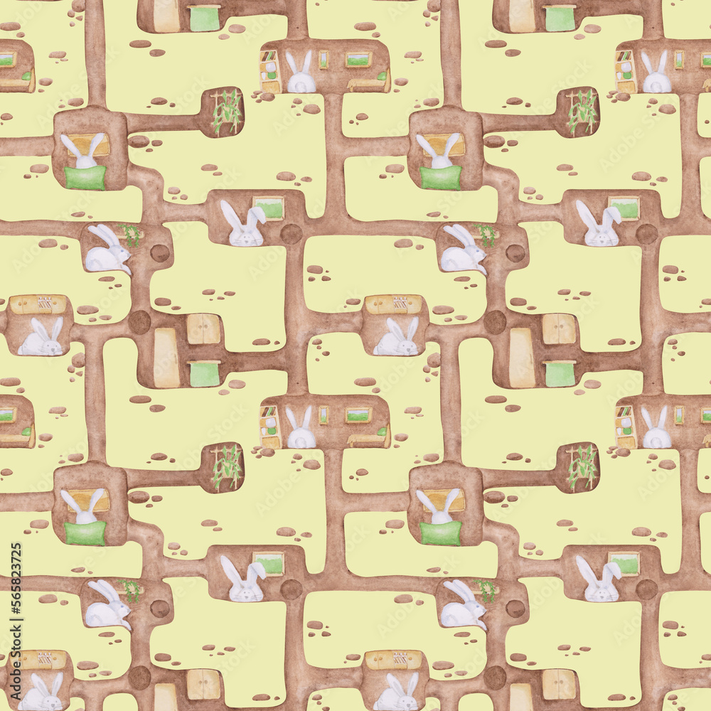 Rabbit hole map. Watercolor underground tunnels of rabbit home (rooms ...