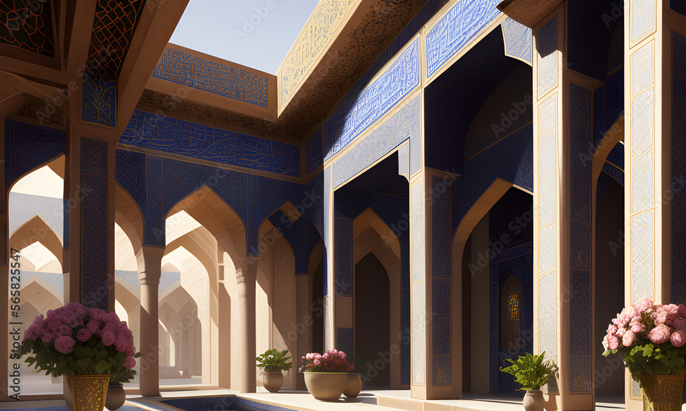 Persian architecture temple volume atrium light full of rose hanging ...
