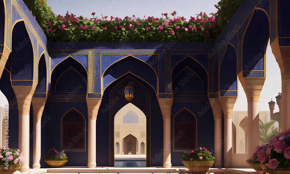 Persian architecture temple volume atrium light full of rose hanging ...