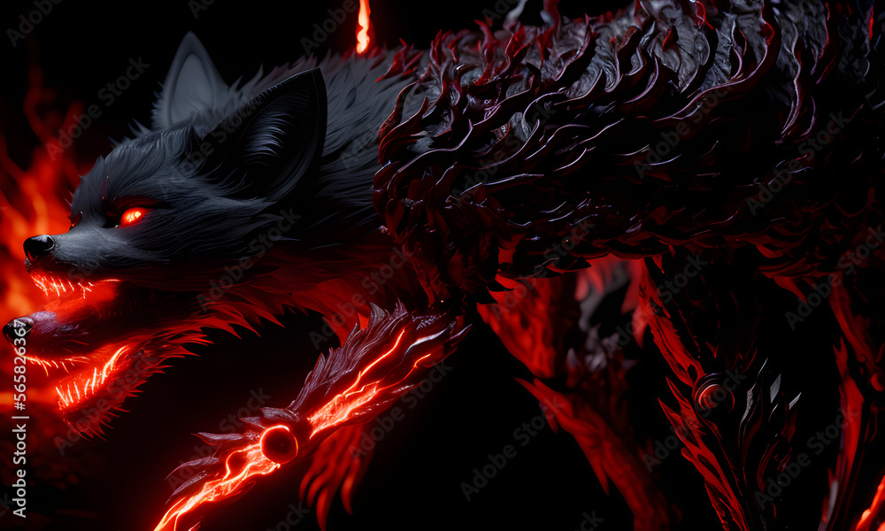 fox with black fur covered with blood demonic eyes dark and gloomy ...