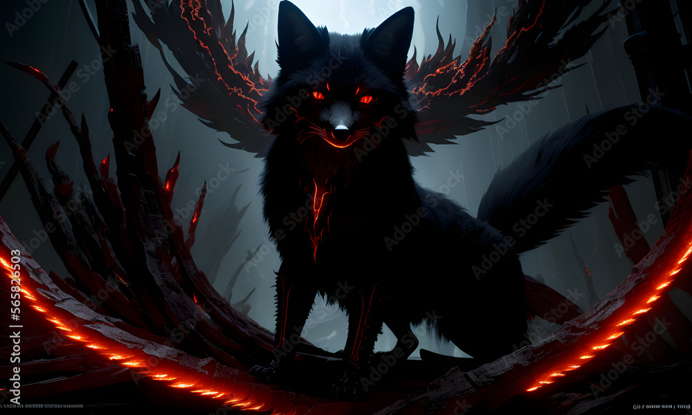 fox with black fur covered with blood demonic eyes dark and gloomy ...