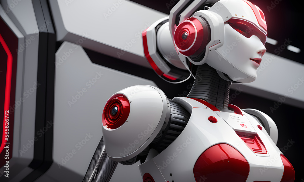 realistic photograph of female nousr robot white and red nousr robot ...