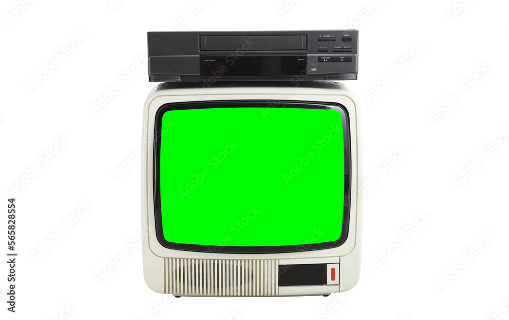 Old white vintage TV with green screen to add images and VCR 1980s ...