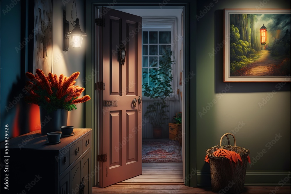 Colorful country interior style hallway with entrance door at night in ...