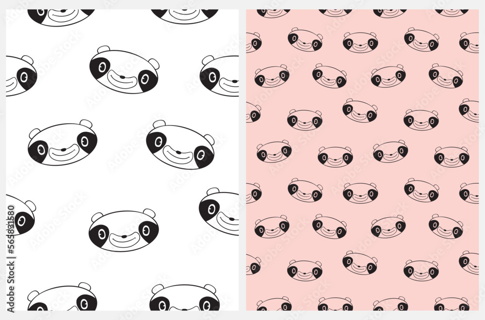 Seamless Vector Patterns with Cute Smiling Pandas. Happy Panda Bears isolated on a White and ...