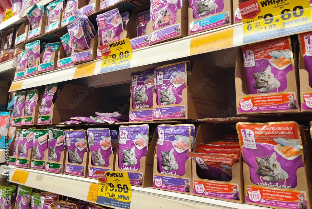 MELAKA, MALAYSIA -JANUARY 9, 2022: Cat food in commercial packs ...