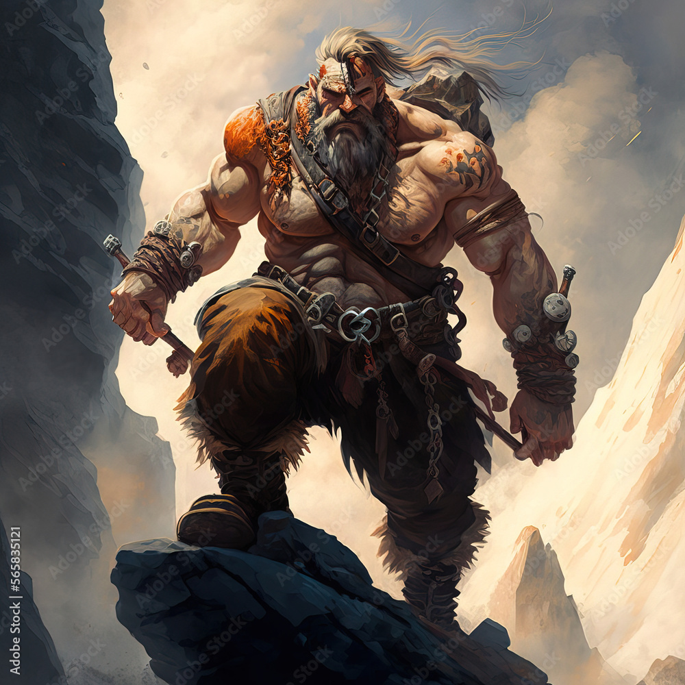 "Dynamic Viking Fantasy": Giant viking on rocky mountain with fantasy ...