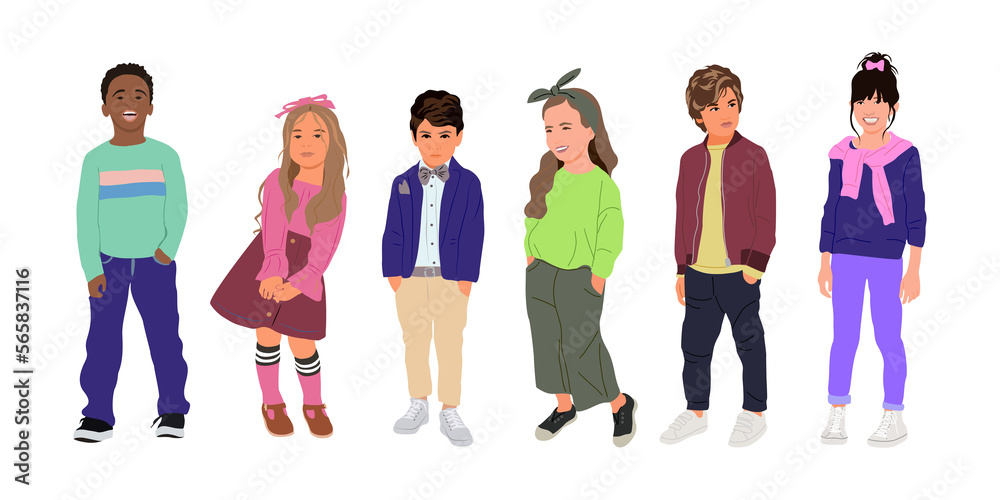Set of different Kids realistic illustrations. Multiracial group of ...
