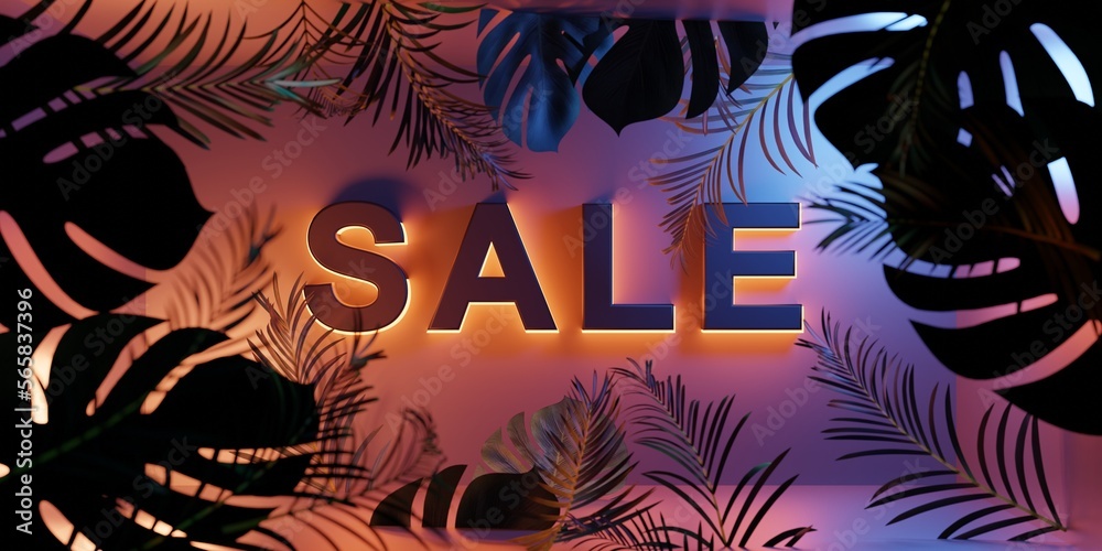 Tropical Sale sign with palm tree leaves and monstera leaves. Glowing ...