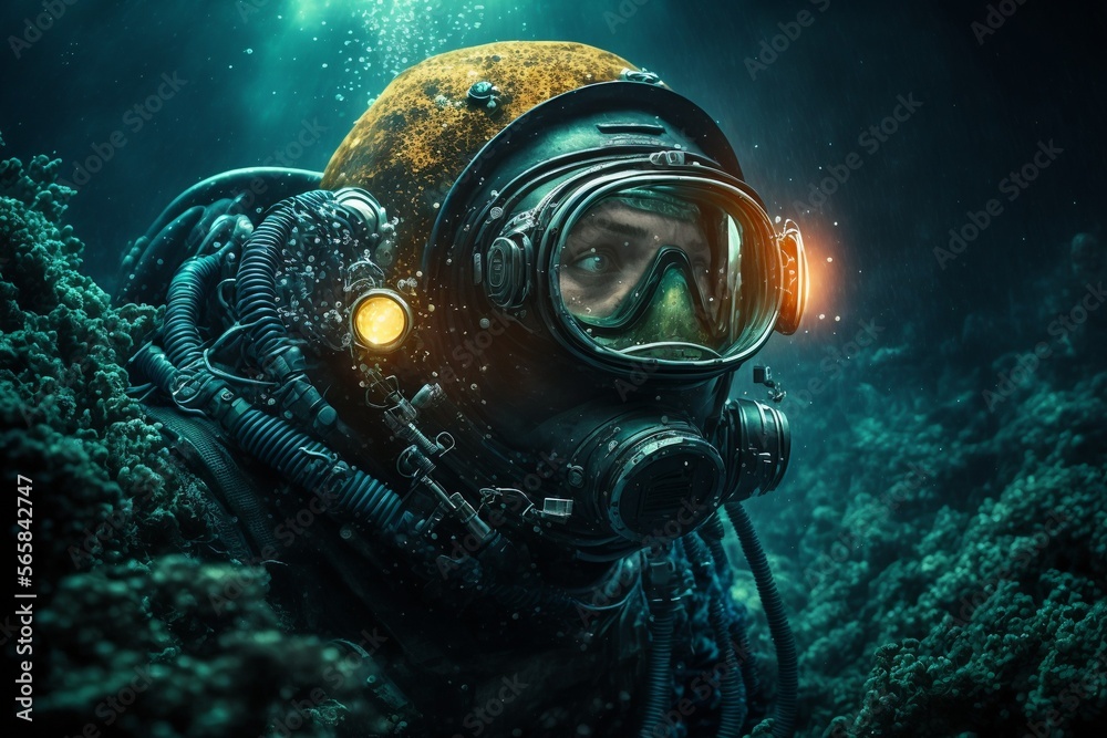 Commercial deep sea diver swimming in space, generative AI Stock ...