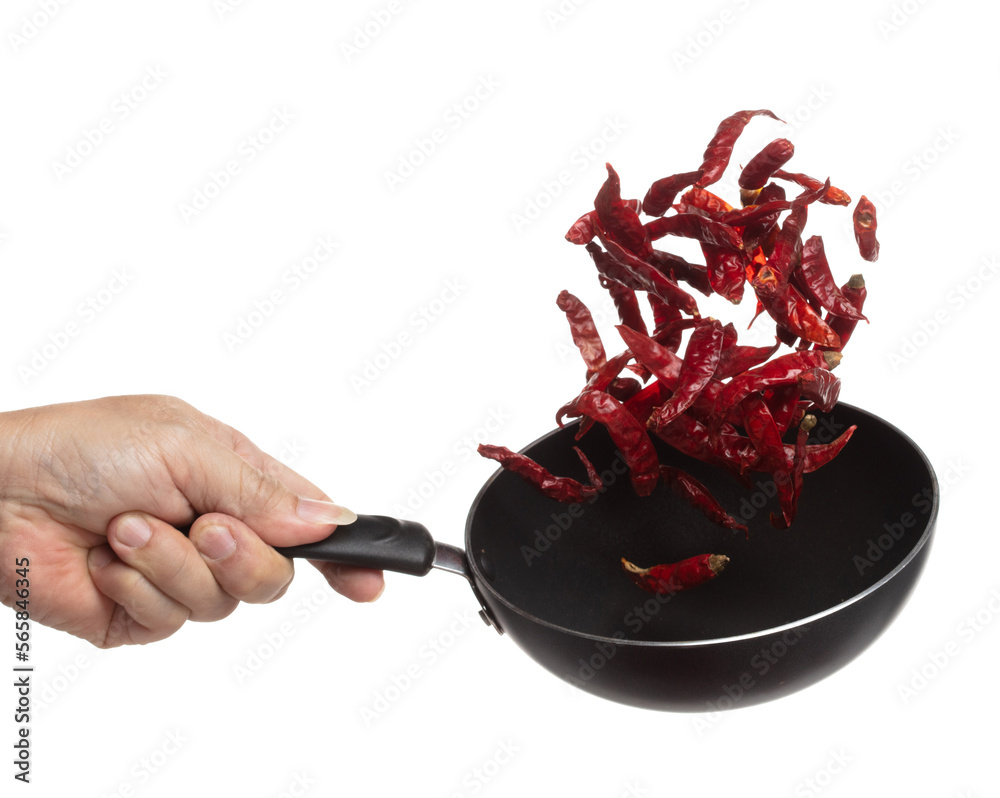 Dried Red hot Chilli fried throw up in cook pan, dried Red Chilli float ...