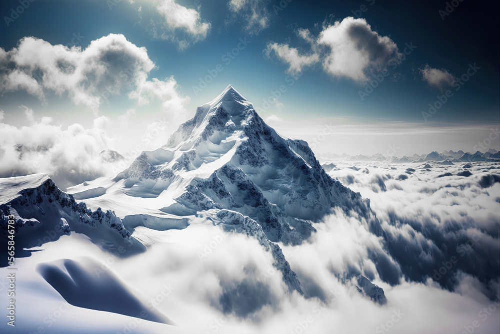 Winter landscape of high mountains covered with fog and clouds, noon ...