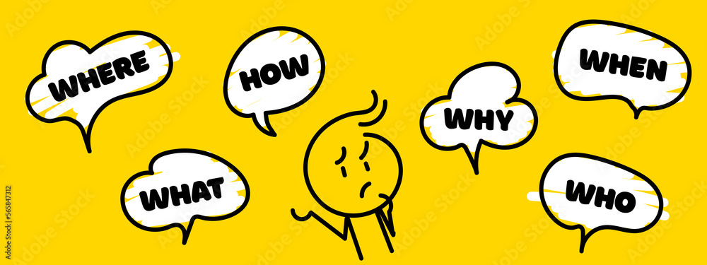 Question who, what, how, why, for what and where. Speech bubble with ...