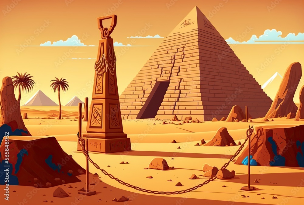 illustration of cartoon archaeological excavation in desert pyramids ...