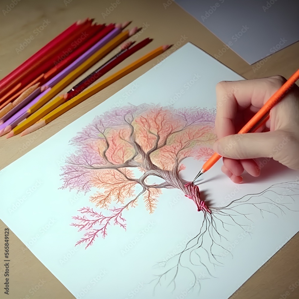 hand holding a pencil, drawing, ai, tree of life, neuron graphic, Stock ...