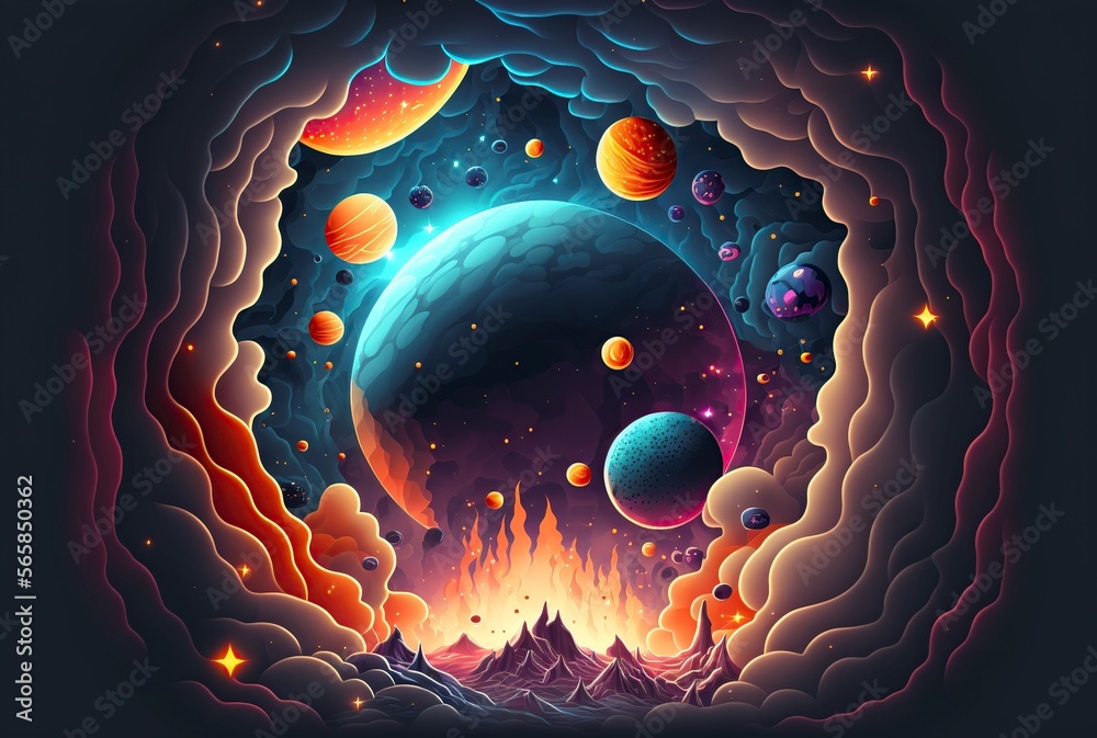 cartoon illustration, of planets in outer space, generative AI Stock ...