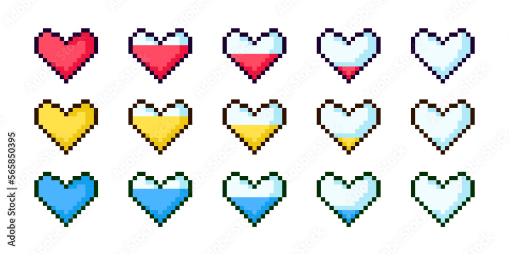 Pixel hearts, pixel life level, game progress bars. 8-bit indicators of health, life level ...