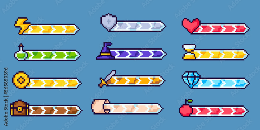 Pixel game progress bars. Vector GUI progress bar elements for build 2D ...