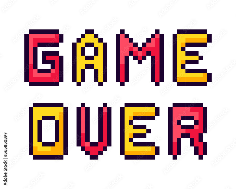 Pixel banner the phrase "Game Over". Pixel playing, Game Over screen ...