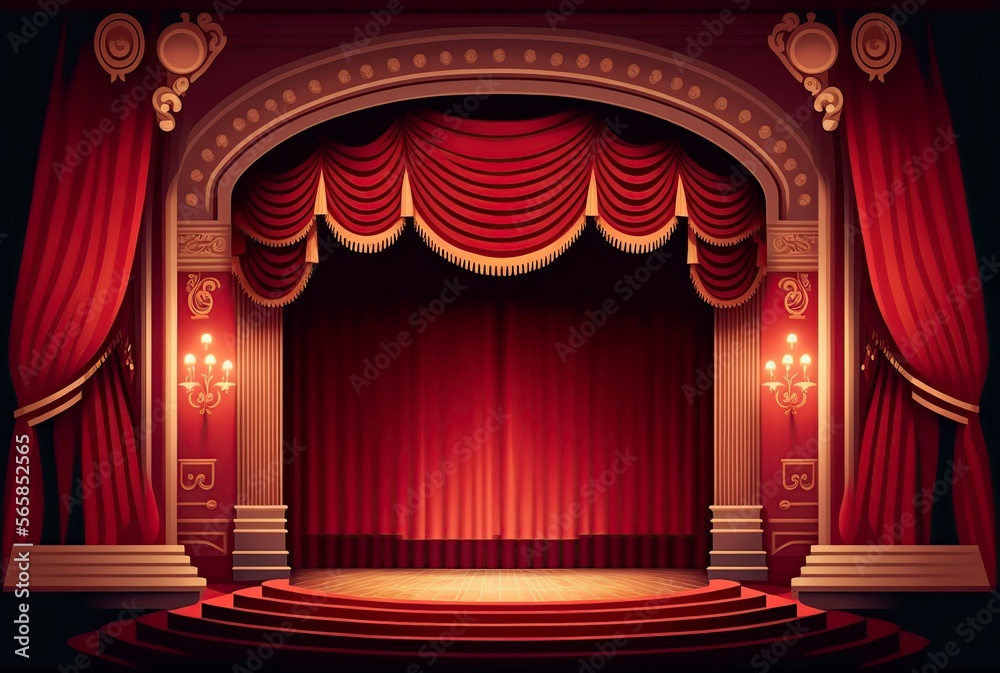cartoon illustration, theater with red curtains ,generative AI Stock ...