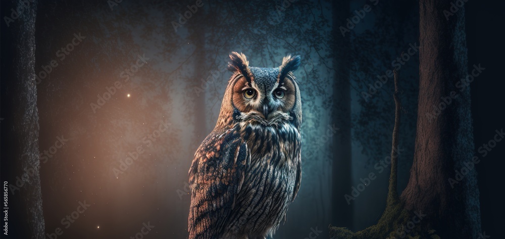 A close-up zoomed off a Beautiful owl portrait with a blurred forest ...