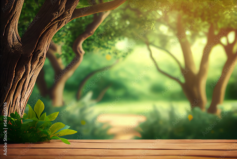 Forest product display backdrop with wooden table surface. AI ...