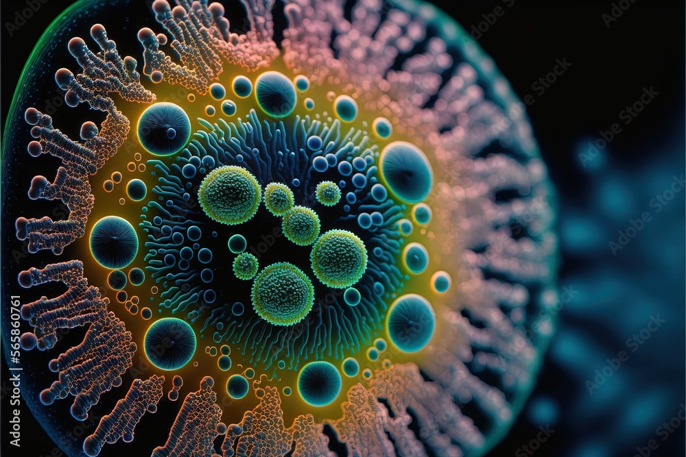 Microphotography of colorful bacteria and microorganisms. Germs and ...
