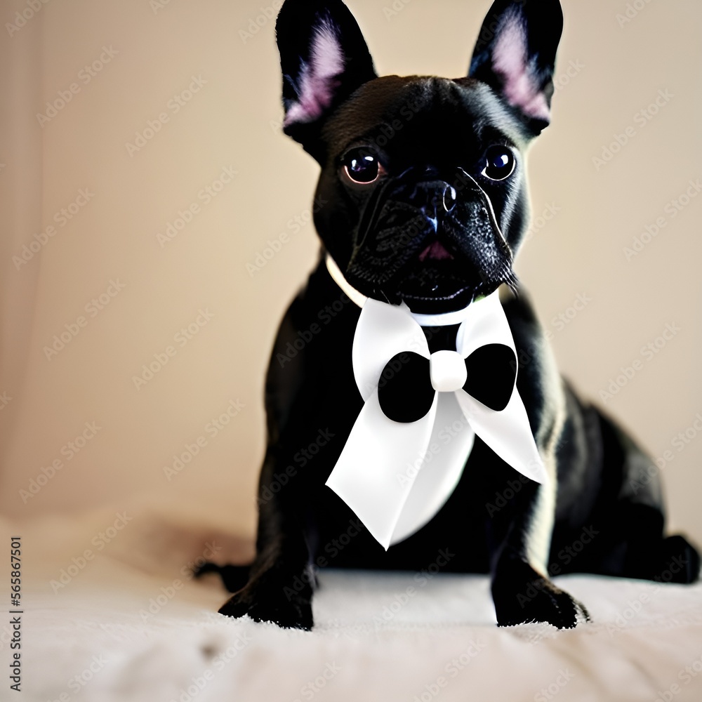 Perro bull dog frances negro con un lazo blanco y negro, de pie en su ...