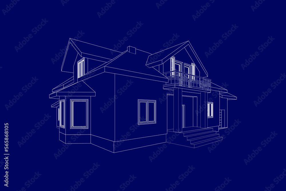 3D suburban house model. Drawing of the modern building. Cottage ...
