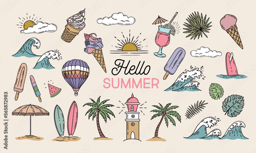 Summer icon set, hand drawn illustration. Stock Vector | Adobe Stock