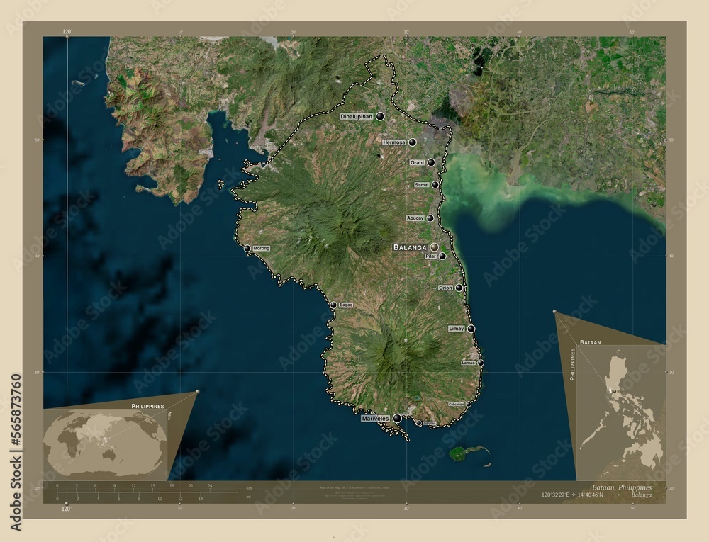 Bataan, Philippines. High-res satellite. Labelled points of cities ...