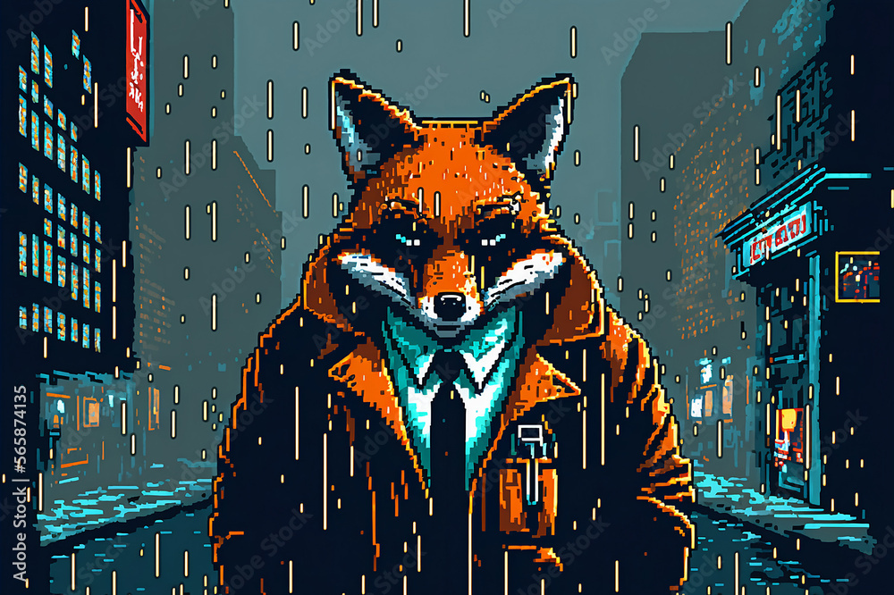 32-bit art/pixel art of a fox detective. Cyberpunk. Generative AI ...