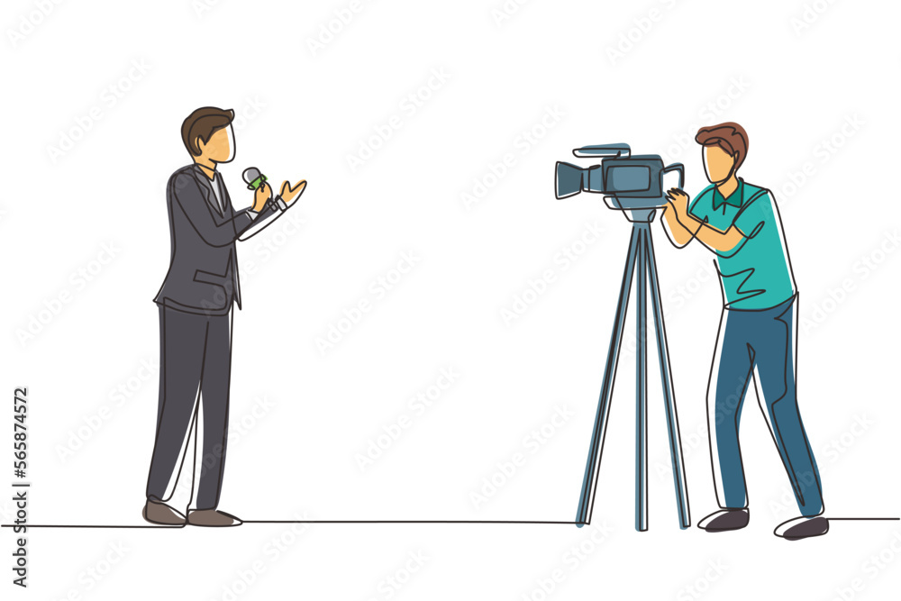 Single one line drawing correspondent or reporter and operator. News ...