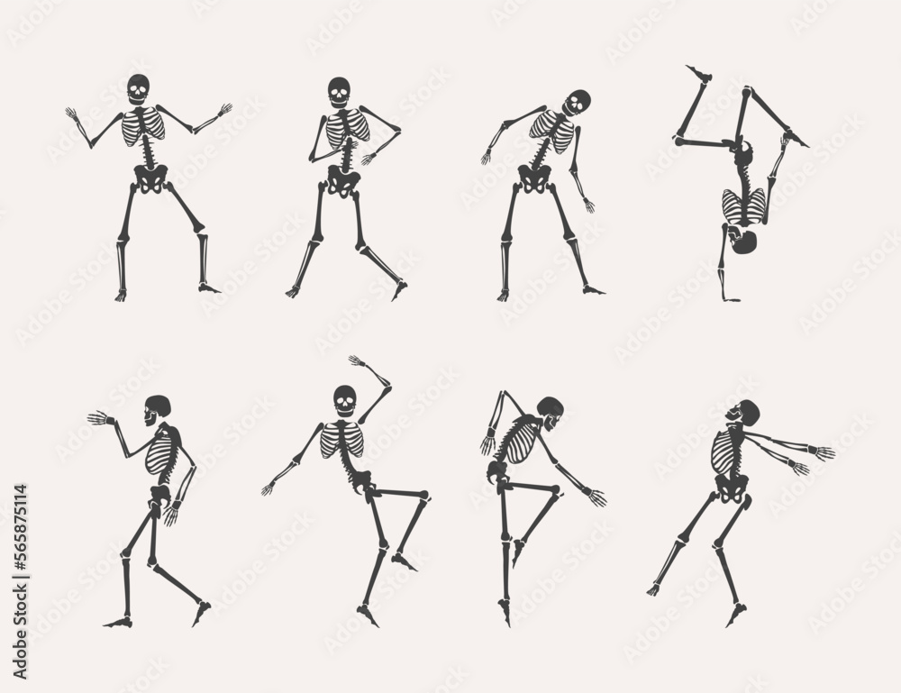 Cartoon Black Different Dancing Human Bones Set Concept Flat Design ...