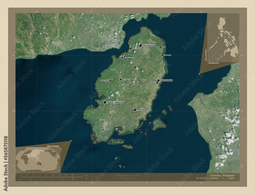 Guimaras, Philippines. High-res satellite. Labelled points of cities ...