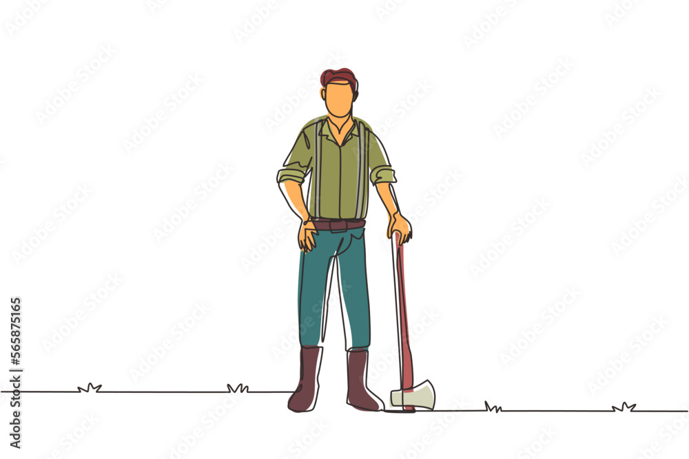 Single one line drawing lumberjack with axe standing wearing suspender ...