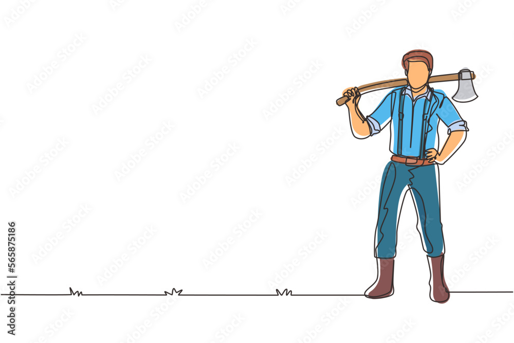 Single one line drawing lumberjack pose on the logging forest ...