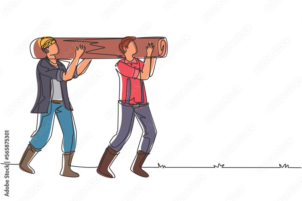 Single continuous line drawing couple of lumberjack laborers carrying ...