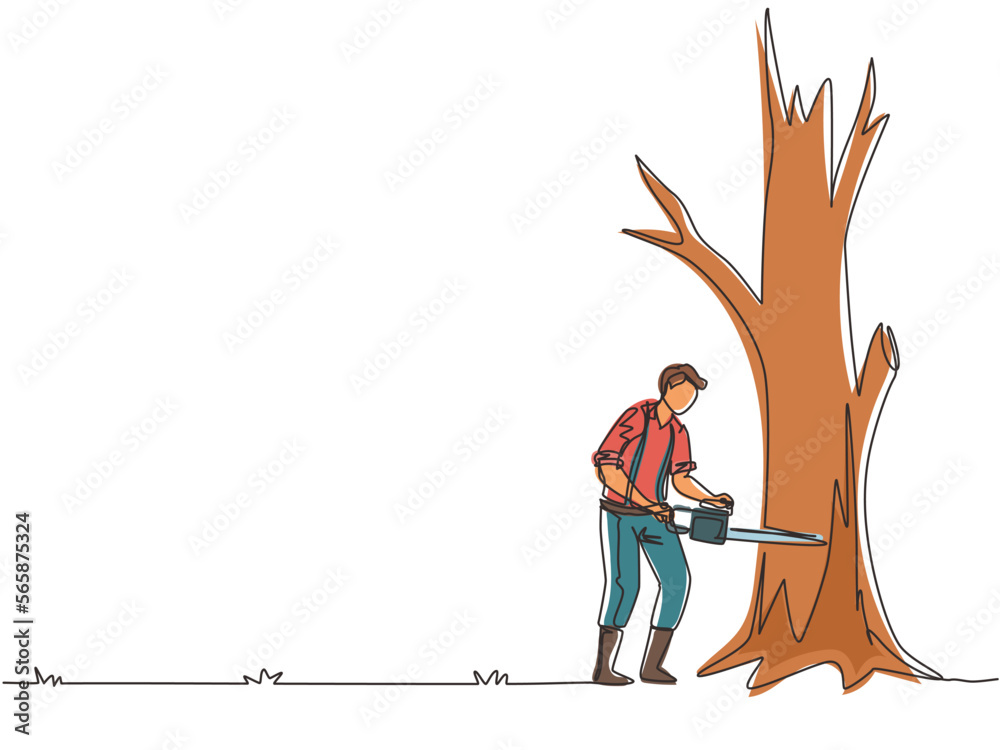Continuous one line drawing logger sawing log and tree in forest. Wood ...