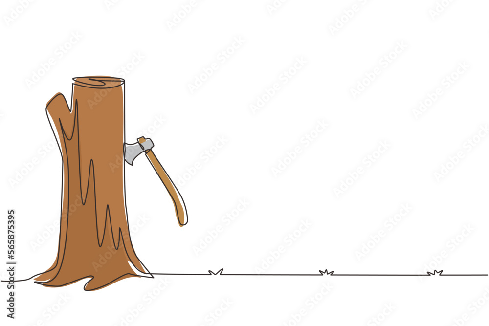 Vetor de Single continuous line drawing hatchet in beside tree stump. A ...