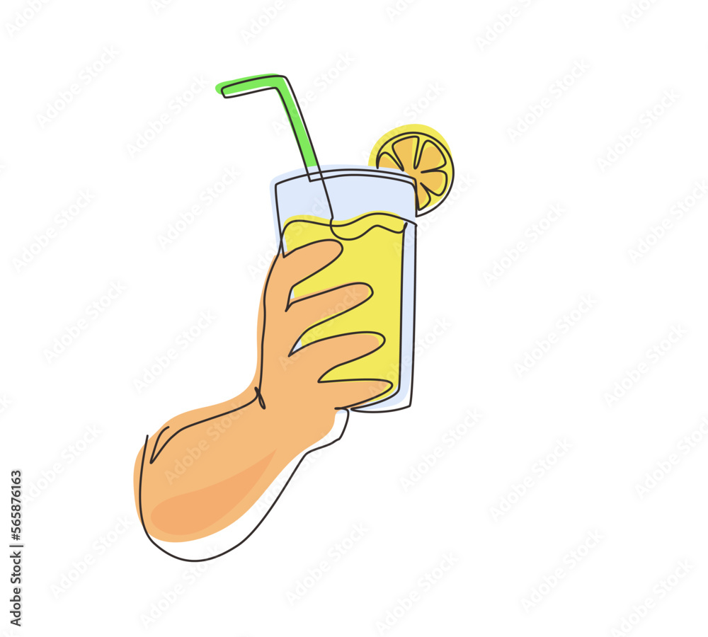Single continuous line drawing hand holding glass with lemonade fruit ...