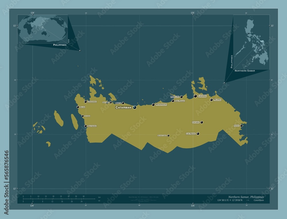 Northern Samar, Philippines. Solid. Labelled points of cities 素材庫插圖 ...
