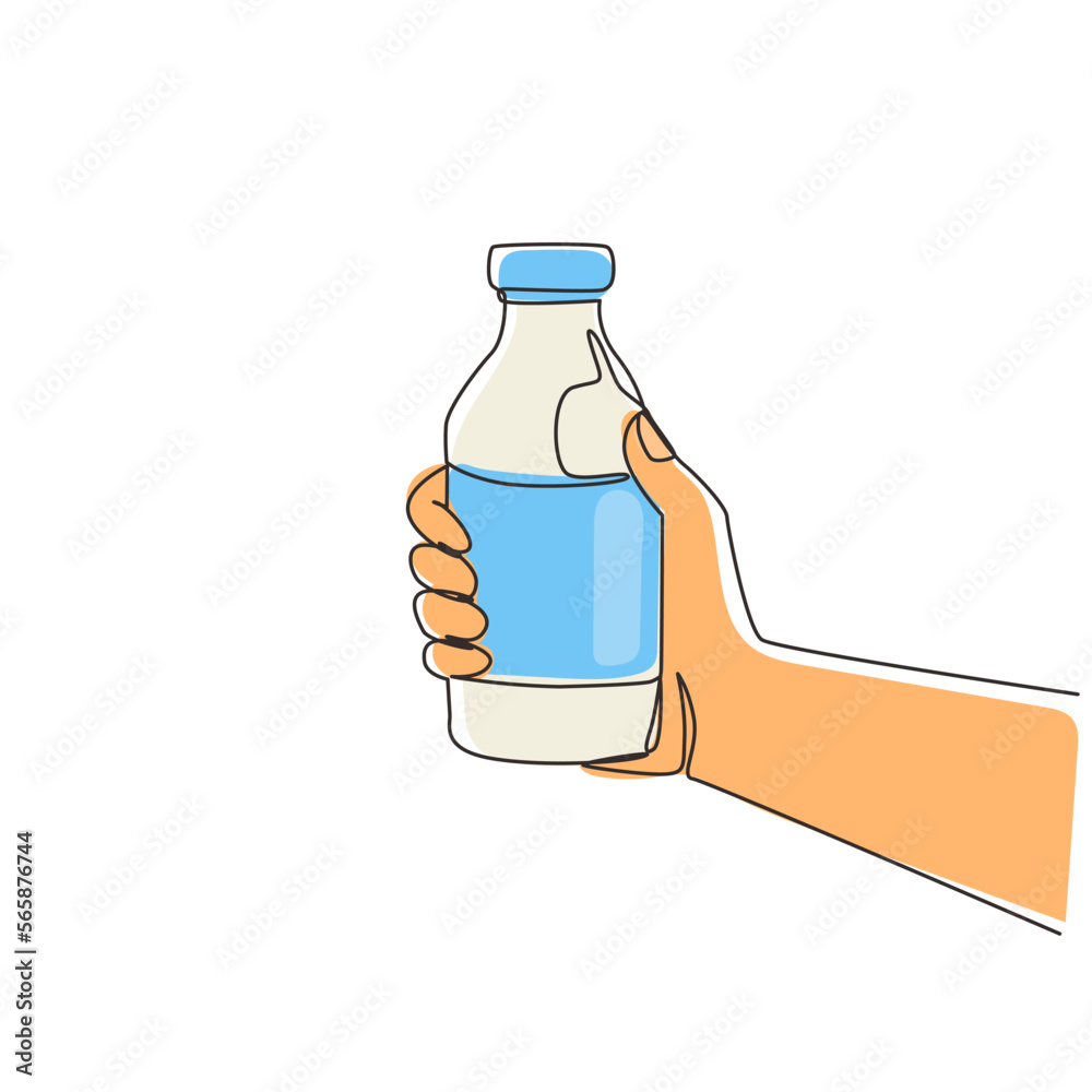 Single one line drawing hand holding fresh milk on bottle glass ...
